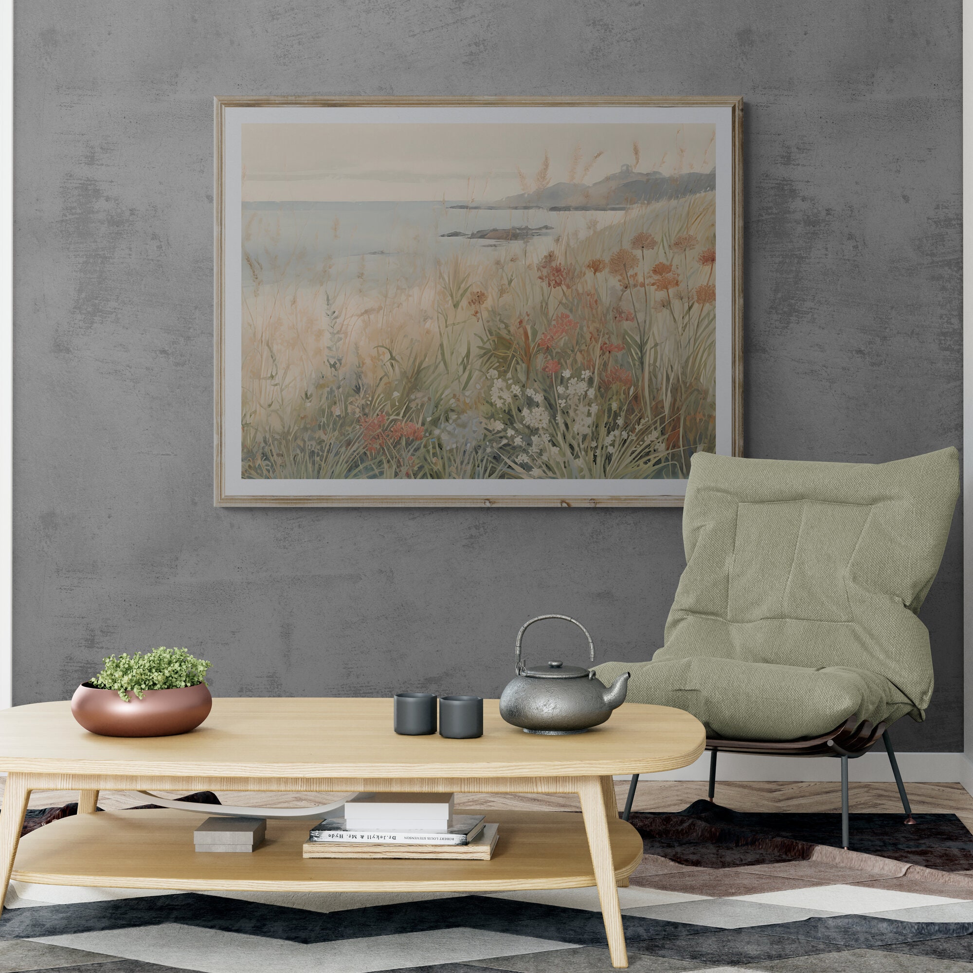 French Coastal Wildflower Meadow Watercolor Painting - Hills, Blooming ...