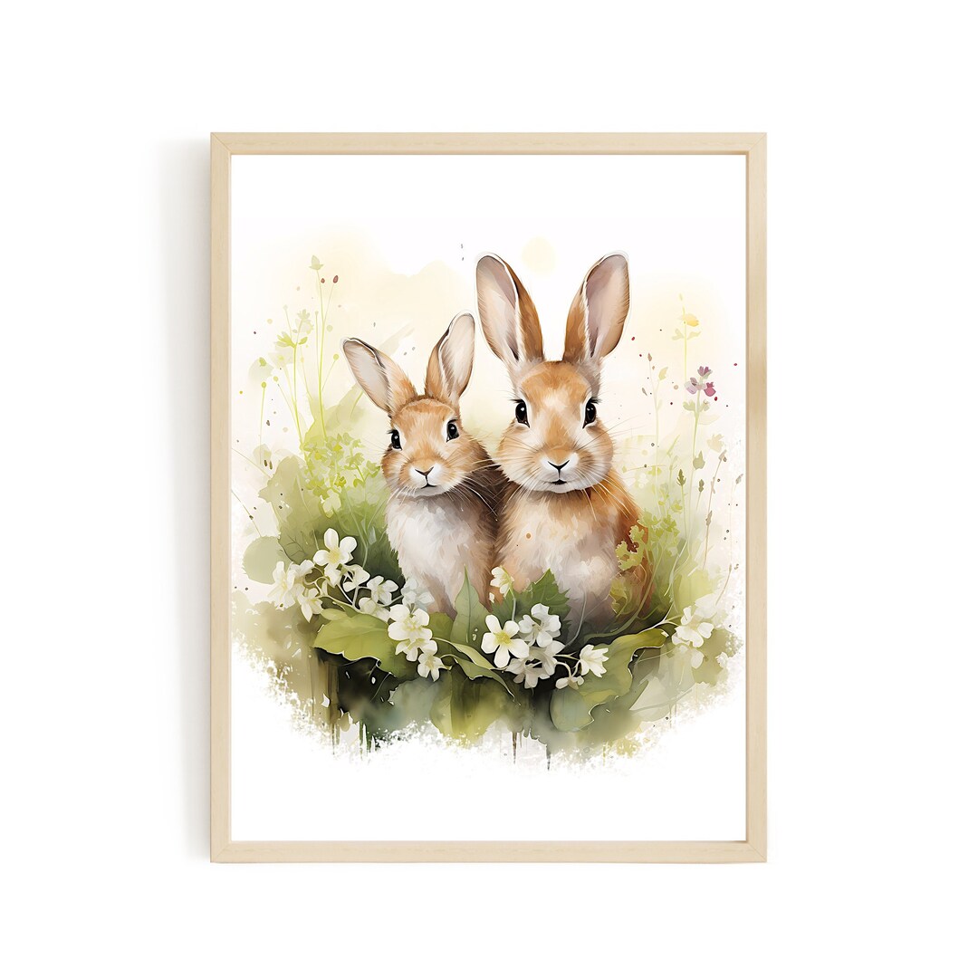 Cute Spring Bunnies Printable Wall Art Watercolor Nursery Art Soft ...