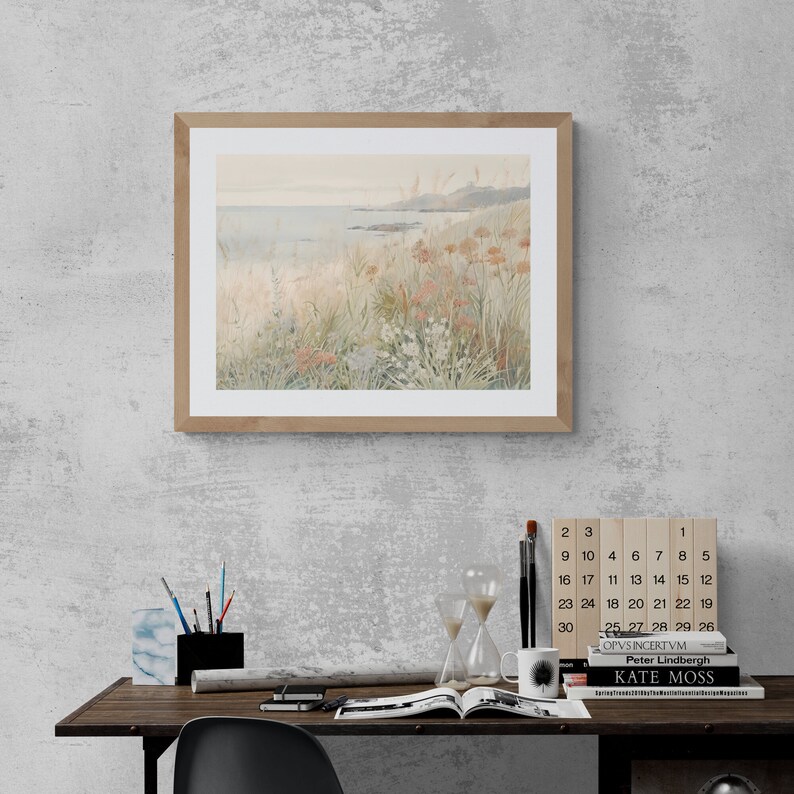 French Coastal Wildflower Meadow Watercolor Painting - Hills, Blooming ...