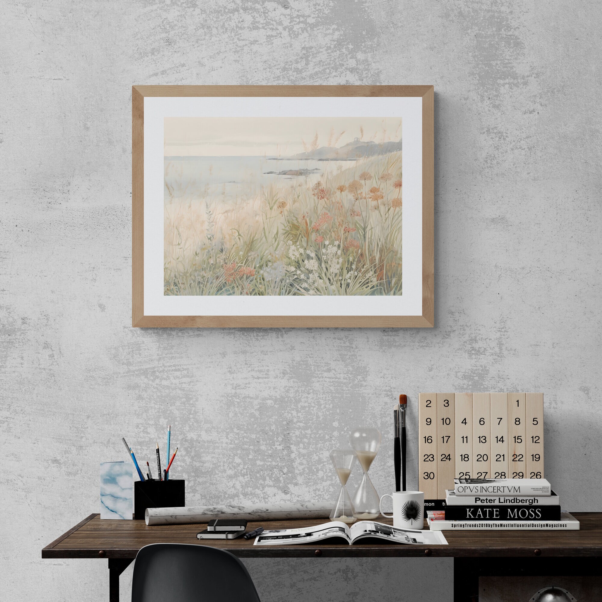 French Coastal Wildflower Meadow Watercolor Painting - Hills, Blooming ...