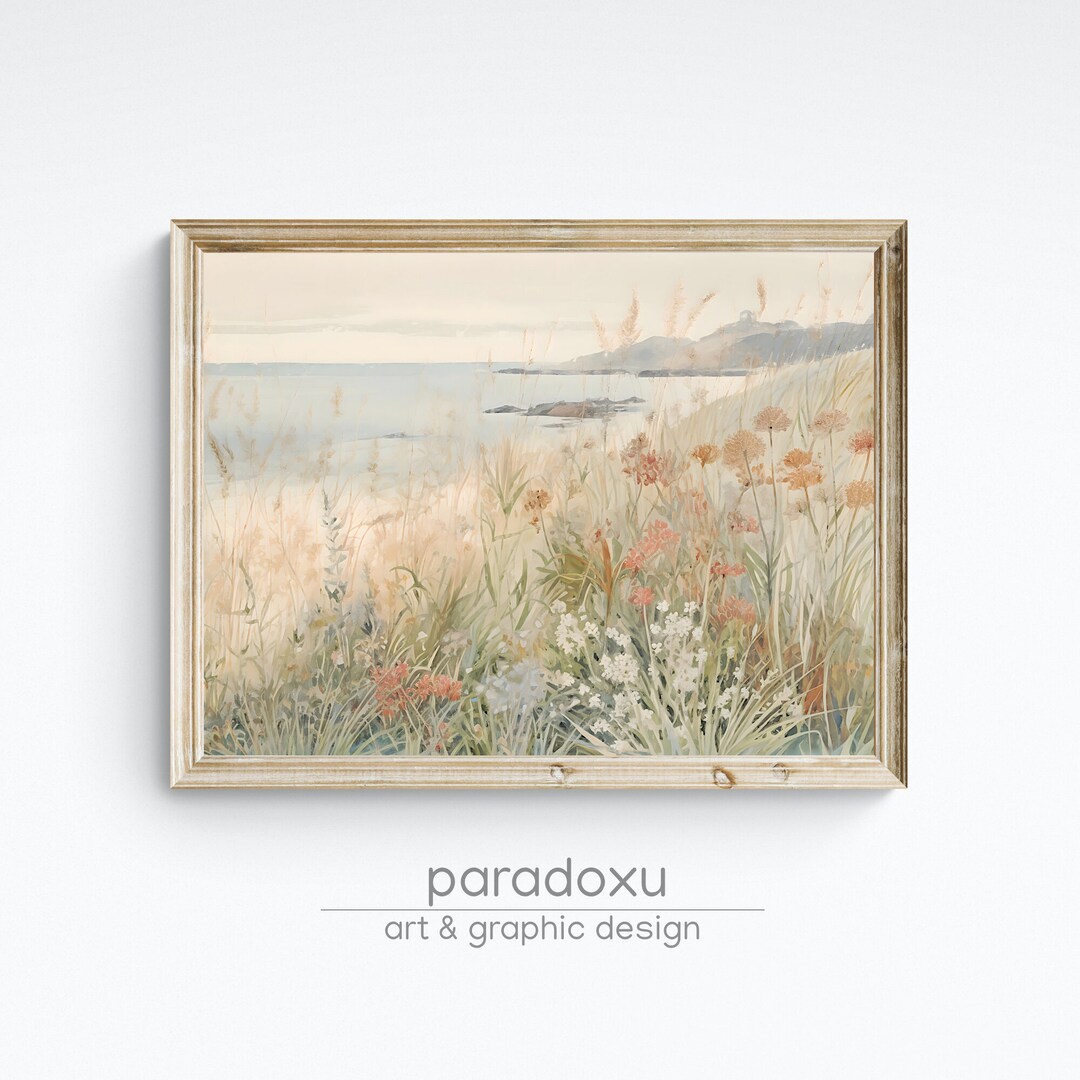 French Coastal Wildflower Meadow Watercolor Painting - Hills, Blooming ...
