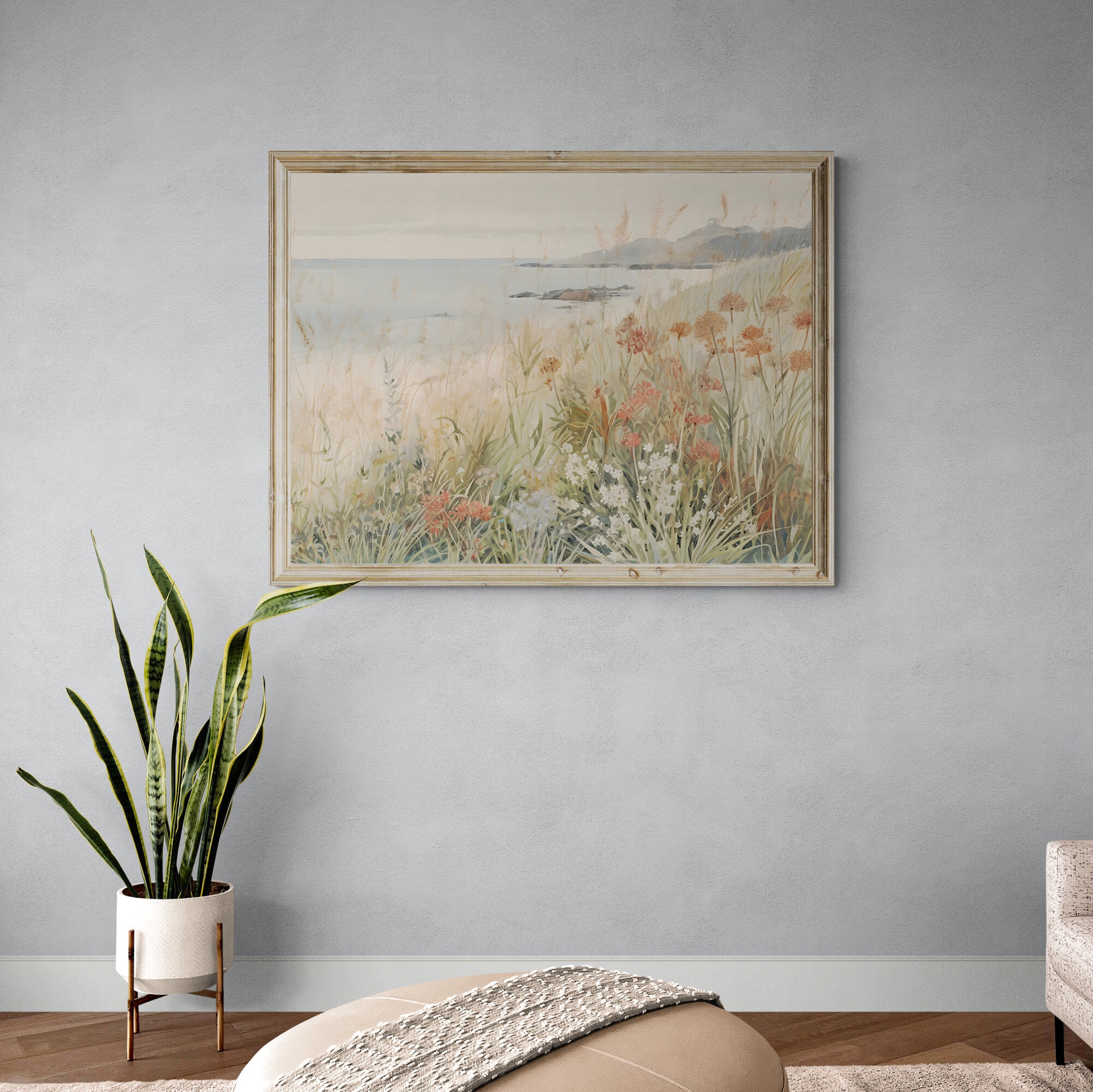 French Coastal Wildflower Meadow Watercolor Painting - Hills, Blooming ...