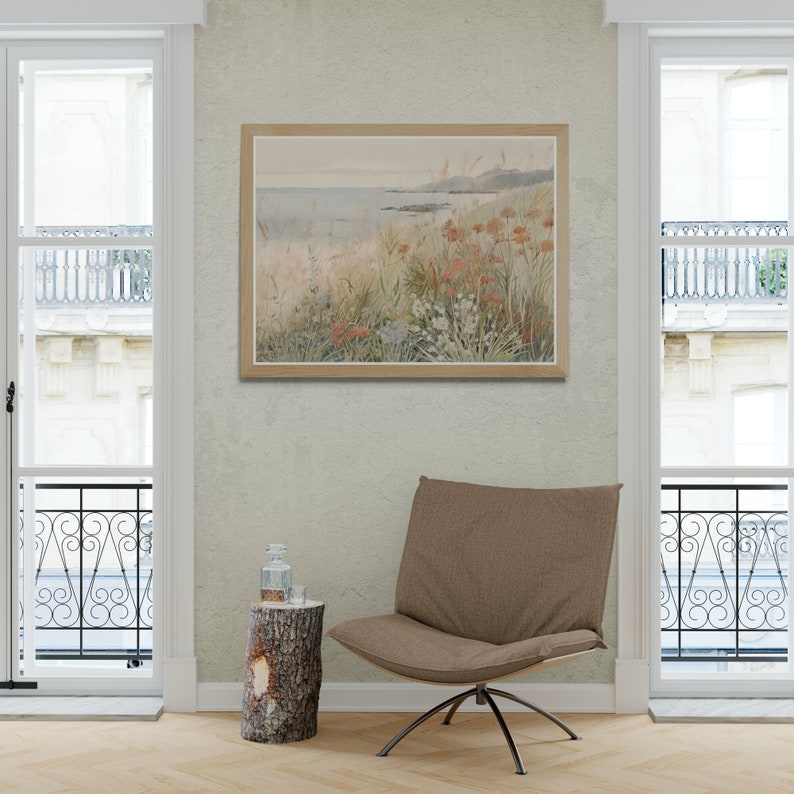 French Coastal Wildflower Meadow Watercolor Painting - Hills, Blooming ...