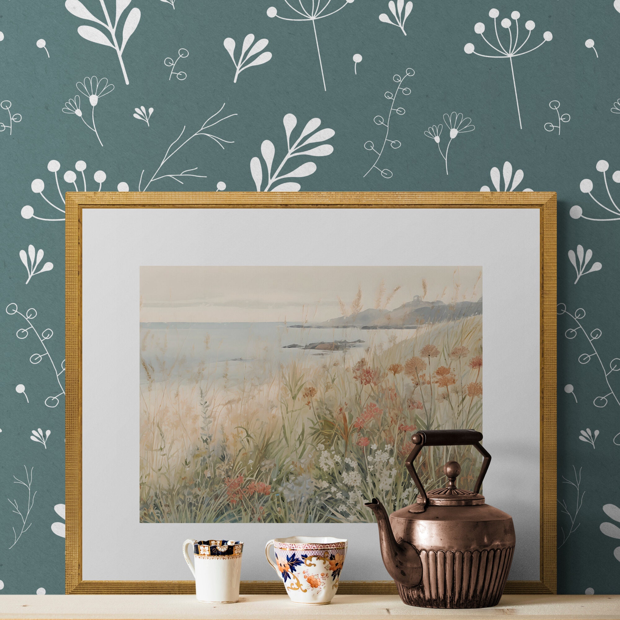 French Coastal Wildflower Meadow Watercolor Painting - Hills, Blooming ...