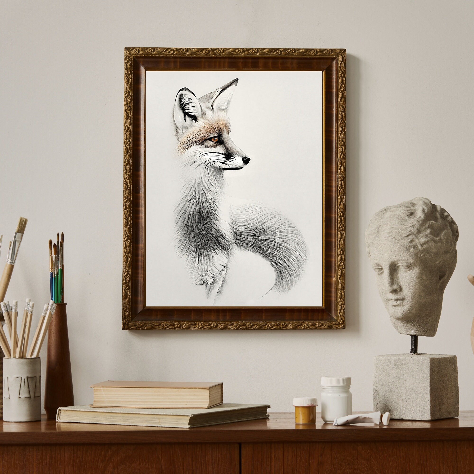 Red Fox Sketch Vintage Etching Pencil Artwork Minimalist Art Nature ...