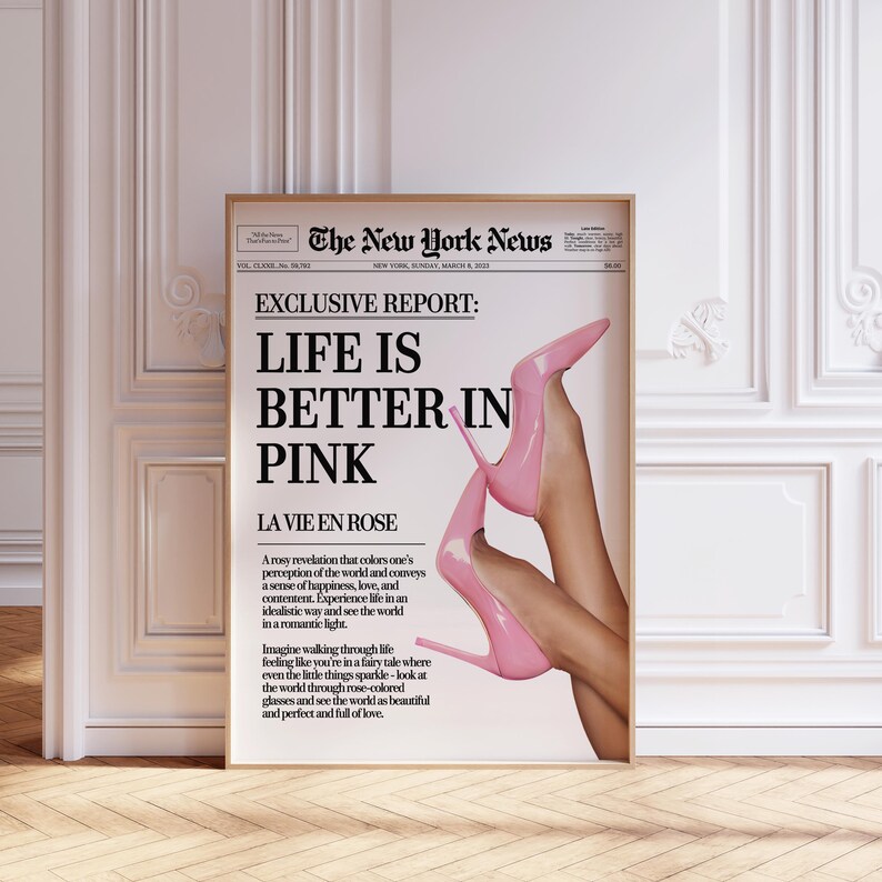 Trendy Newspaper Print Pink Heels Wall Art | Girly Aesthetic Decor ...