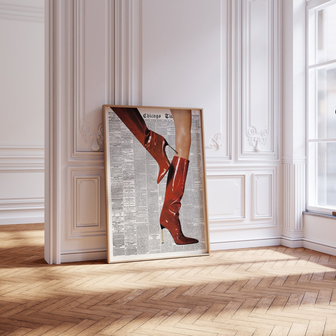 Retro Newspaper Red Boots Print, Trendy Wall Art Poster, | Fashion Icon ...