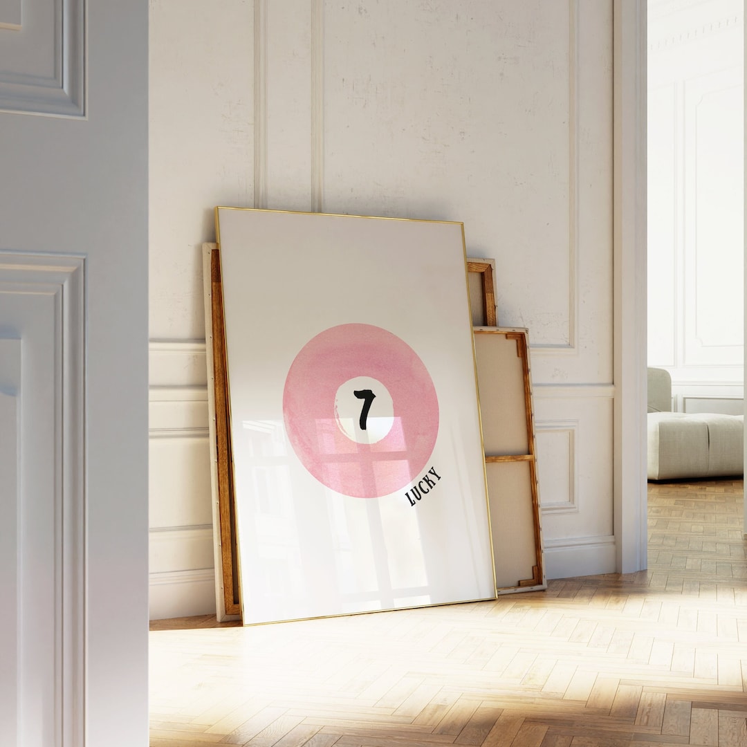 Vintage Pink Pool Ball Print, Lucky 7 Wall Art, Retro Hand Drawn Pink 8 ...