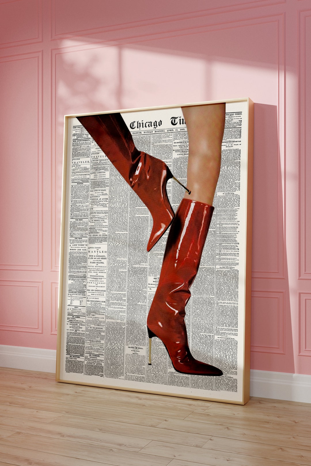 Retro Newspaper Print, Trendy Wall Art Poster, Red Boots | Fashion Icon ...