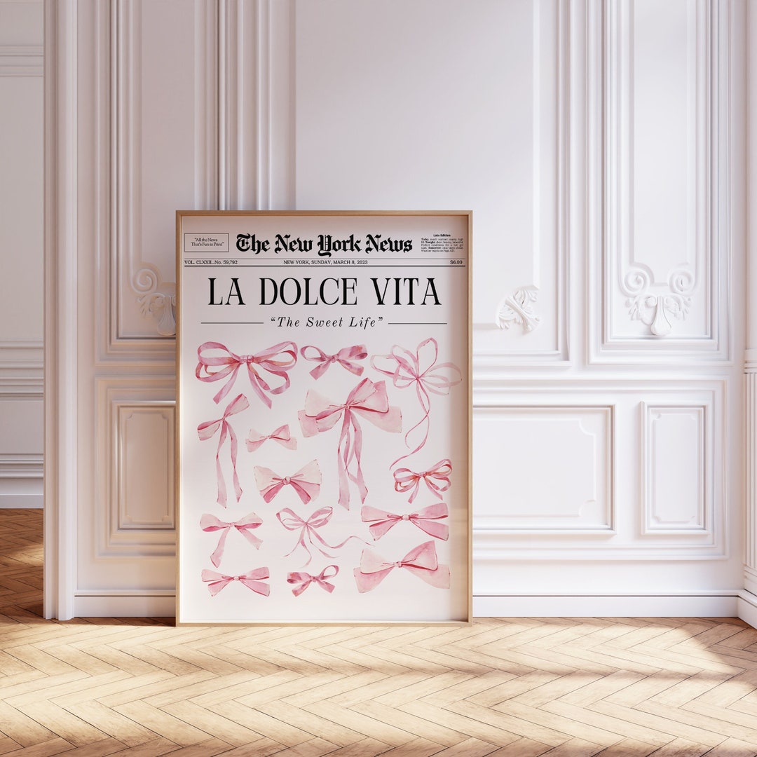 Pink Bows Wall Art, Newspaper Print, La Dolce Vita, Girly Wall Decor ...