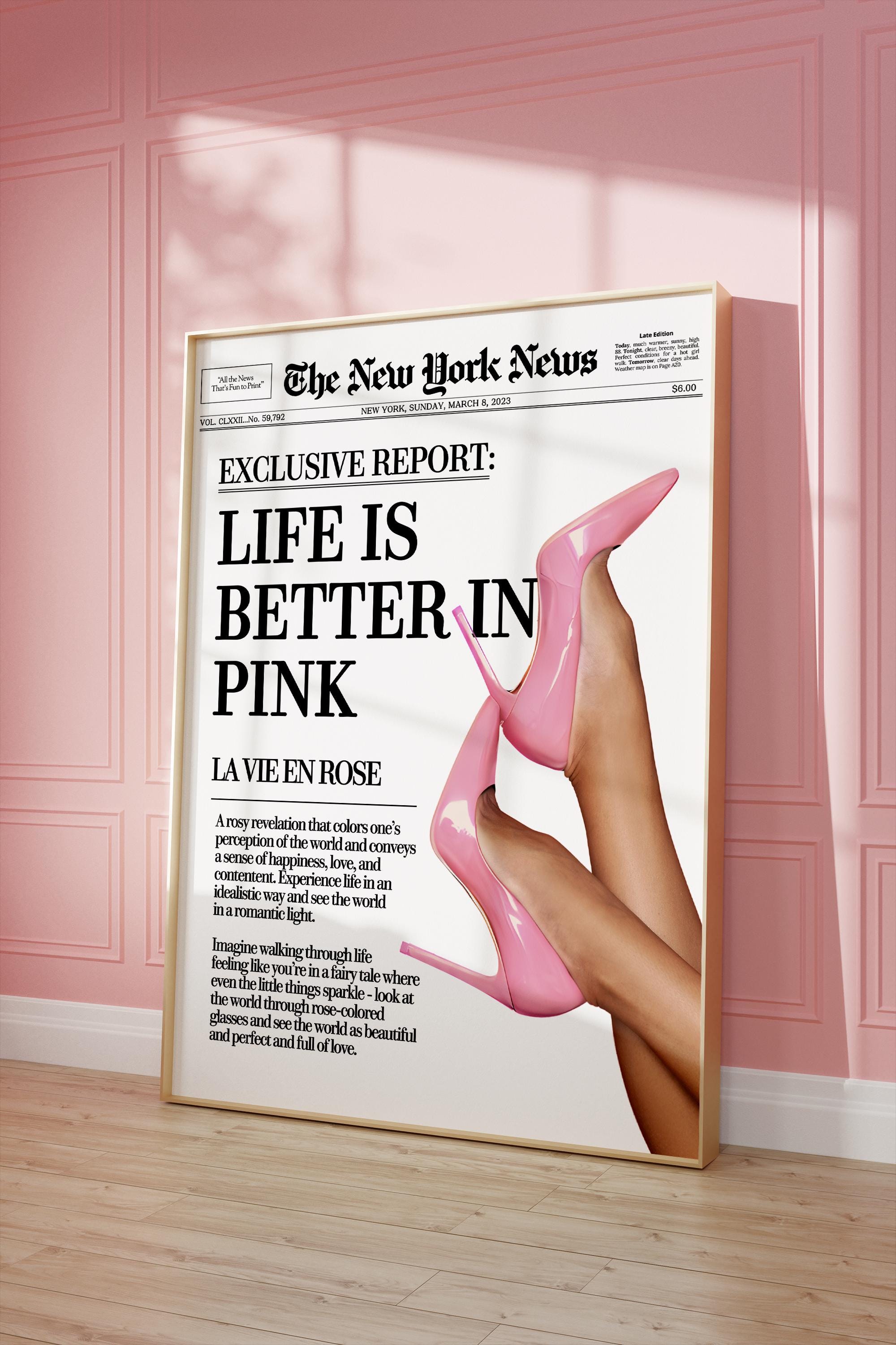 Trendy Newspaper Print Pink Heels Wall Art Aesthetic Decor Bathroom ...