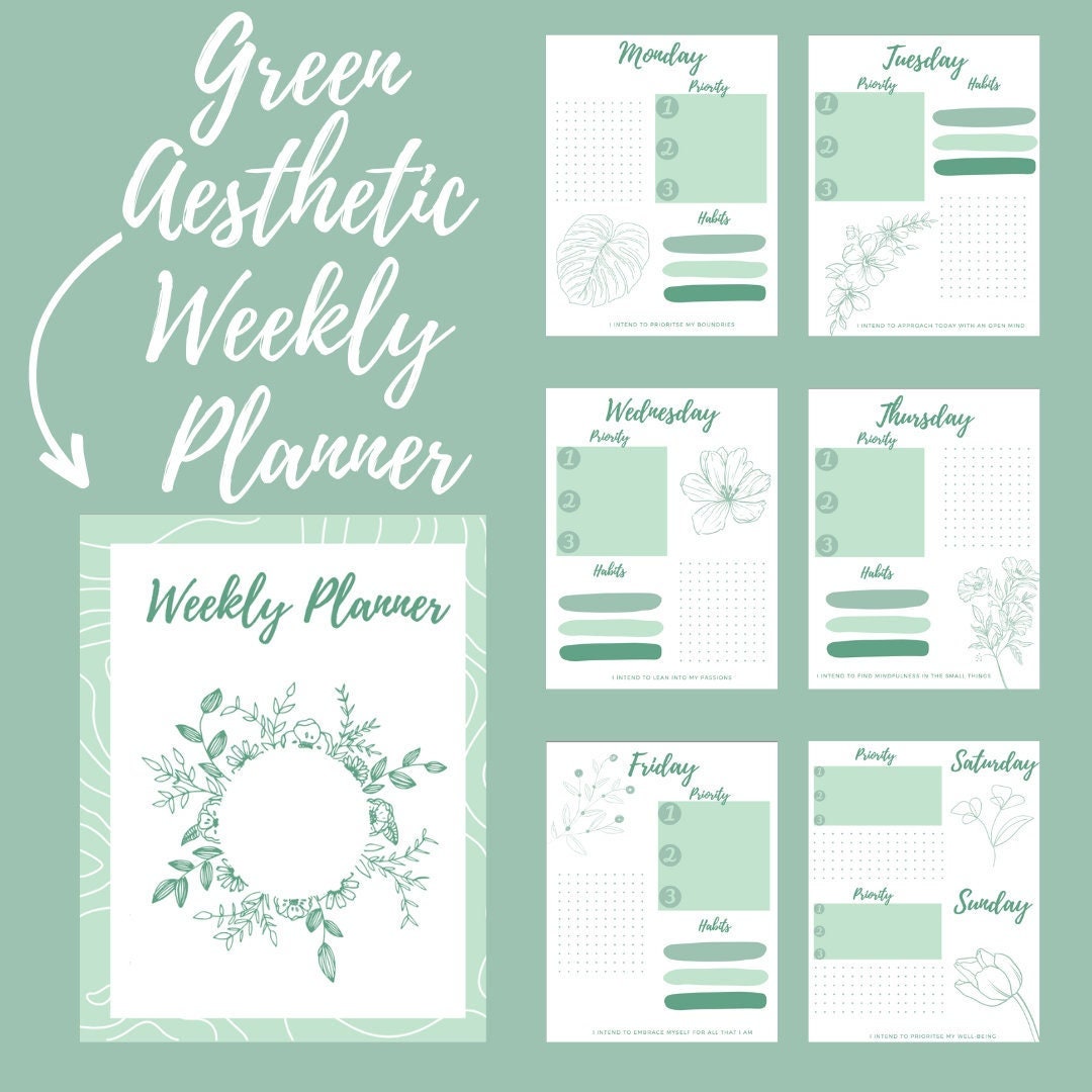 Green Aesthetic Weekly Digital Planner - Etsy