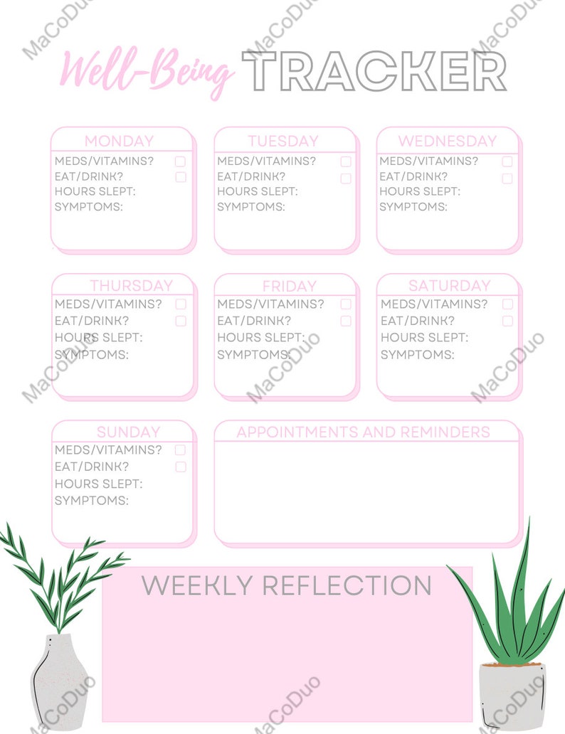 Well-being Tracker- Weekly Planner Insert Pink - Etsy