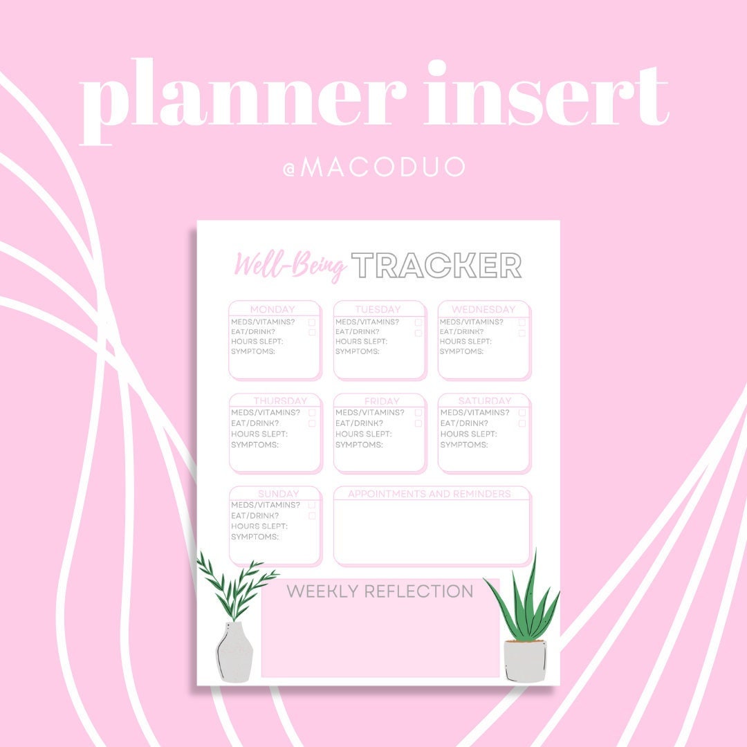 Well-being Tracker- Weekly Planner Insert Pink - Etsy