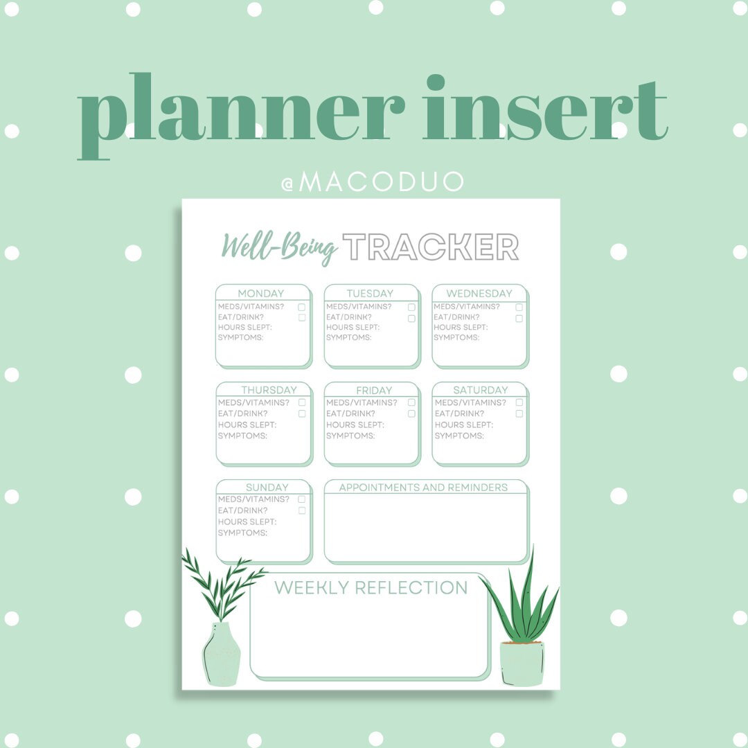 Well-being Tracker- Weekly Planner Insert Green - Etsy