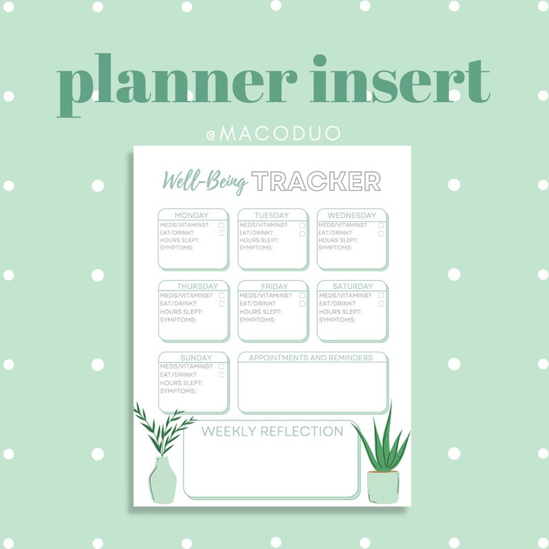 Well-being Tracker Weekly Planner Insert Green - Etsy