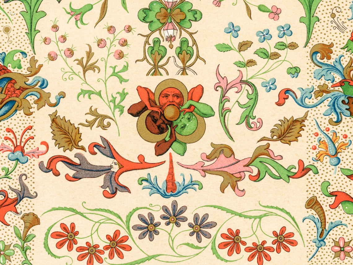 Digital Print Medieval Pattern, Botanical Rainbow Poster, Antique ...