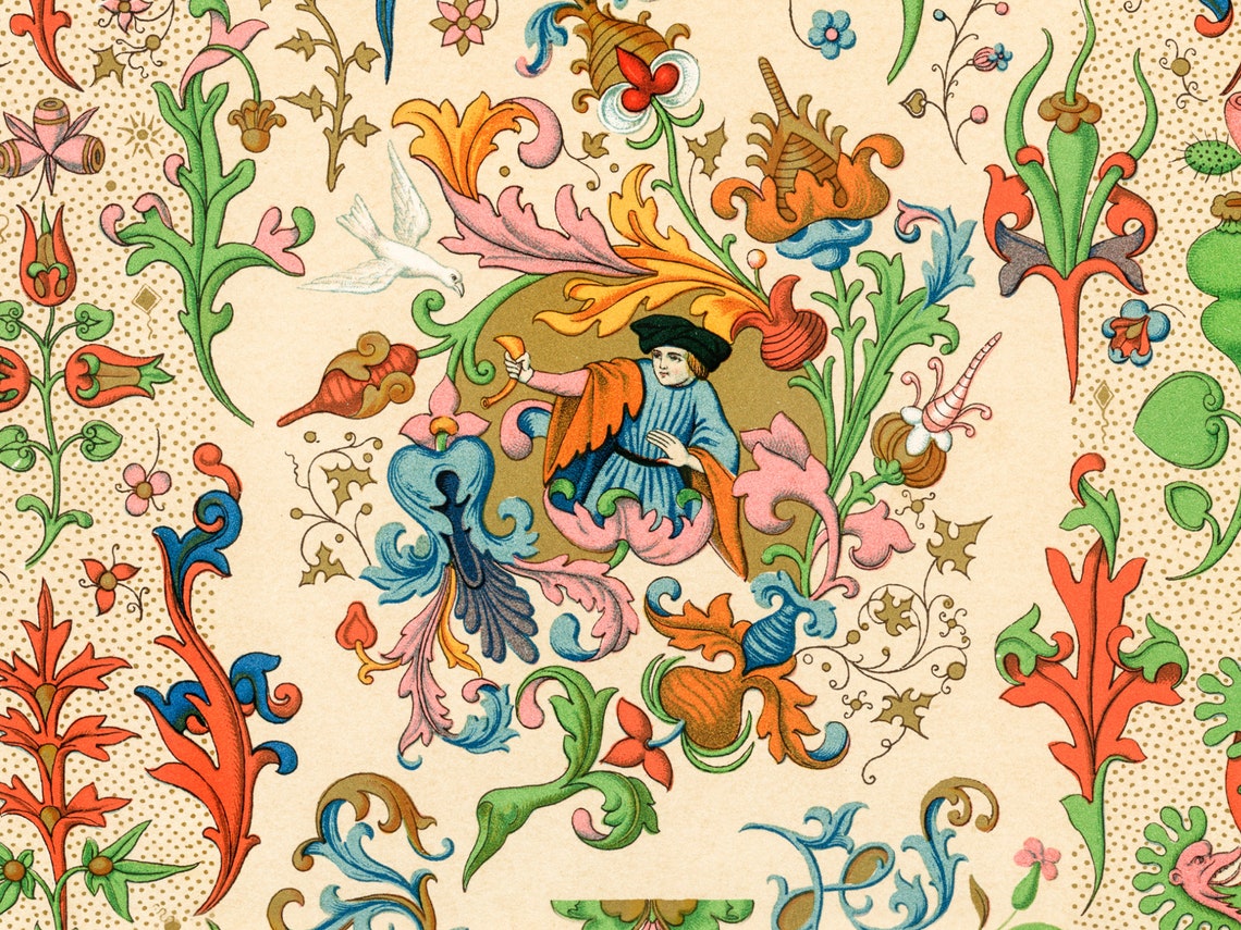 Digital Print Medieval Pattern, Botanical Rainbow Poster, Antique ...