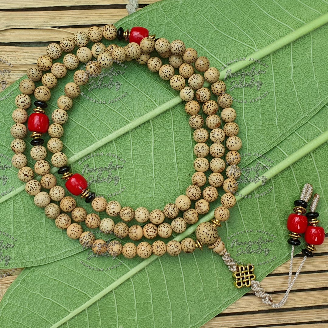 Lotus Seed Mala With Red Mantra Beads & Endless Knot Bead | 108+1 Beads ...