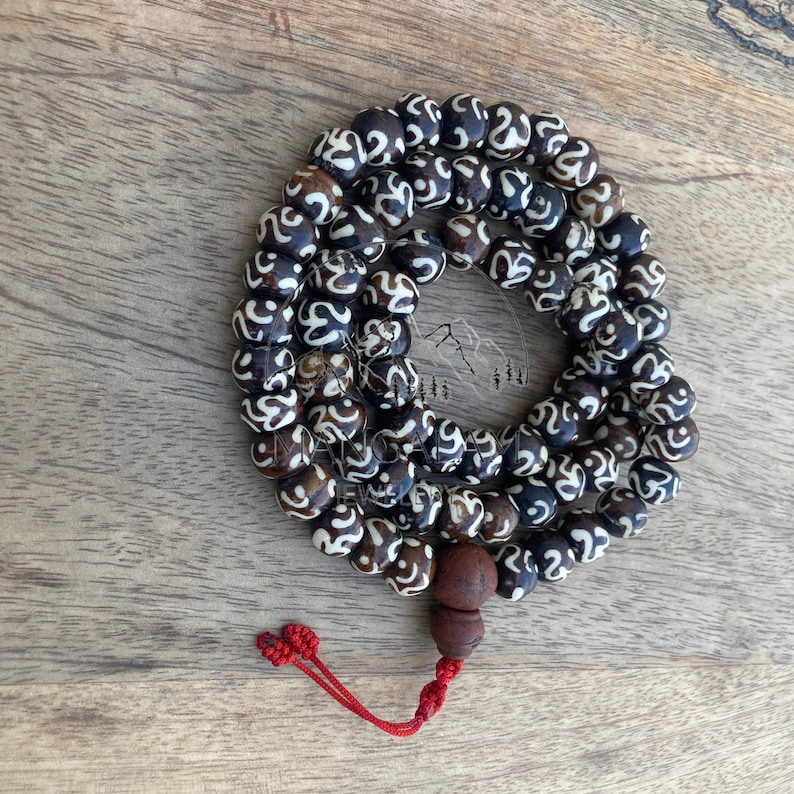 Om Engraved Black Yak Bone Skull Mala, Kapala Prayer Beads, Protection ...