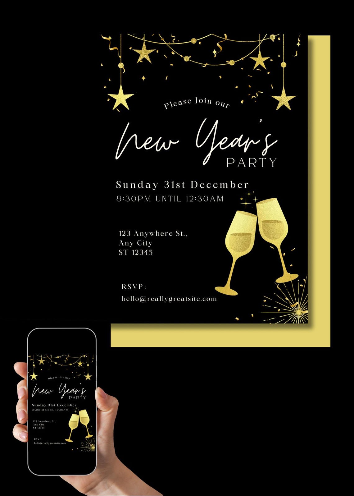 Editable New Year Party Invitation, DIGITAL Holiday Party Invite, Black ...