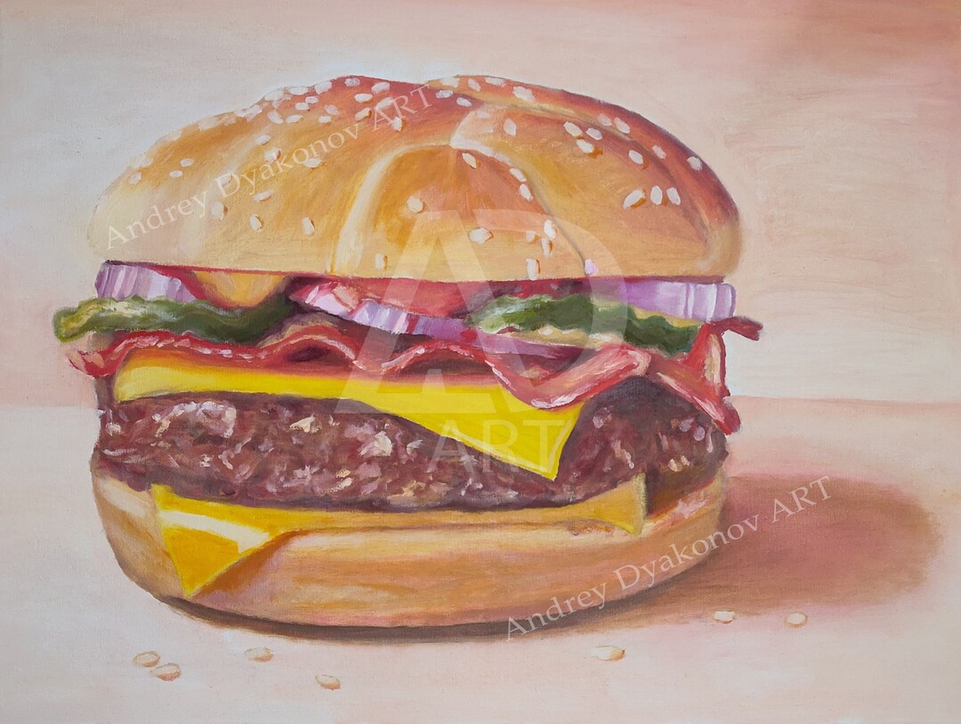 Original Art, Oil Painting on Canvas, Hamburger, Cheeseburger, Food ...
