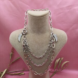 Triple Layered Paperclip Chain With Wing Pendant on Each Side, Silver ...