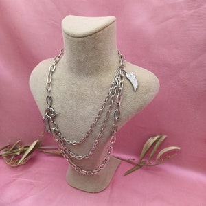 Triple Layered Paperclip Chain With Wing Pendant on Each Side, Silver ...