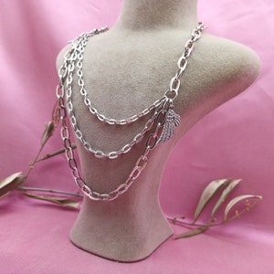 Triple Layered Paperclip Chain With Wing Pendant on Each Side, Silver ...