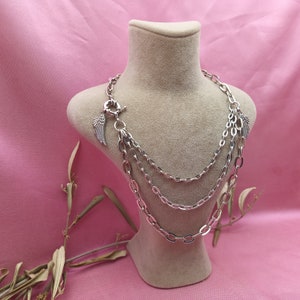 Triple Layered Paperclip Chain With Wing Pendant on Each Side, Silver ...
