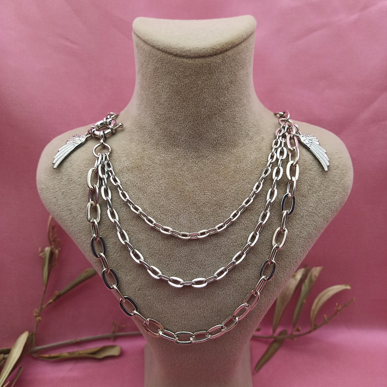 Triple Layered Paperclip Chain With Wing Pendant on Each Side, Silver ...