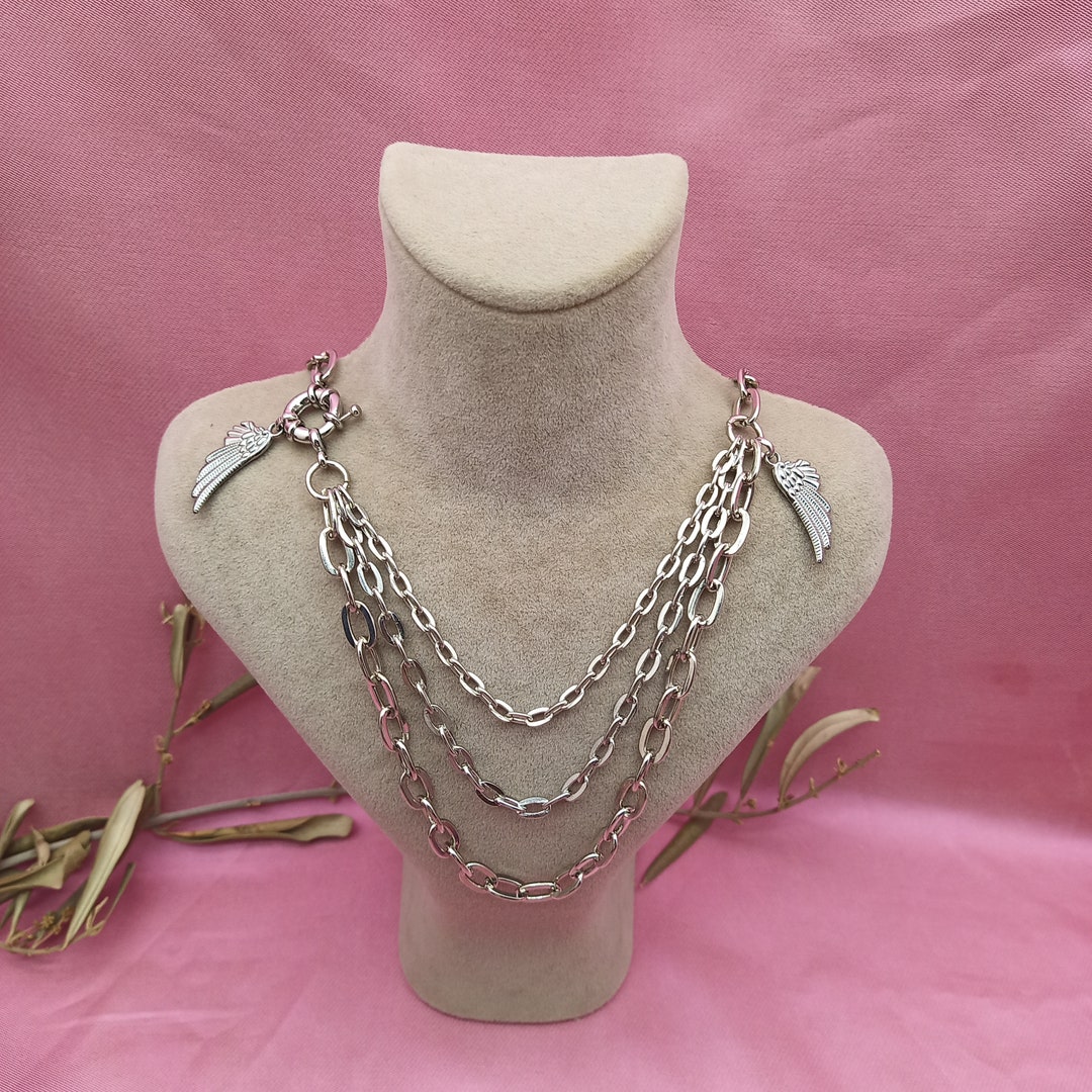 Triple Layered Paperclip Chain With Wing Pendant on Each Side, Silver ...