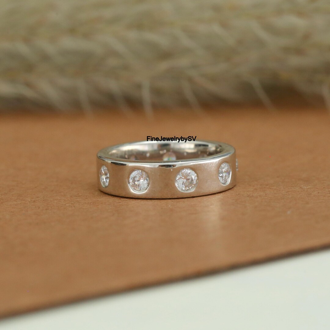 Flush Set Round Cut Moissanite Full Eternity Band, Unique Wide Band for ...