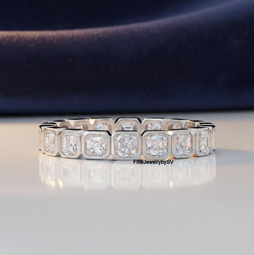 Bezel Set 3.50 MM Asscher Cut Moissanite Wedding Band, Diamond Full ...