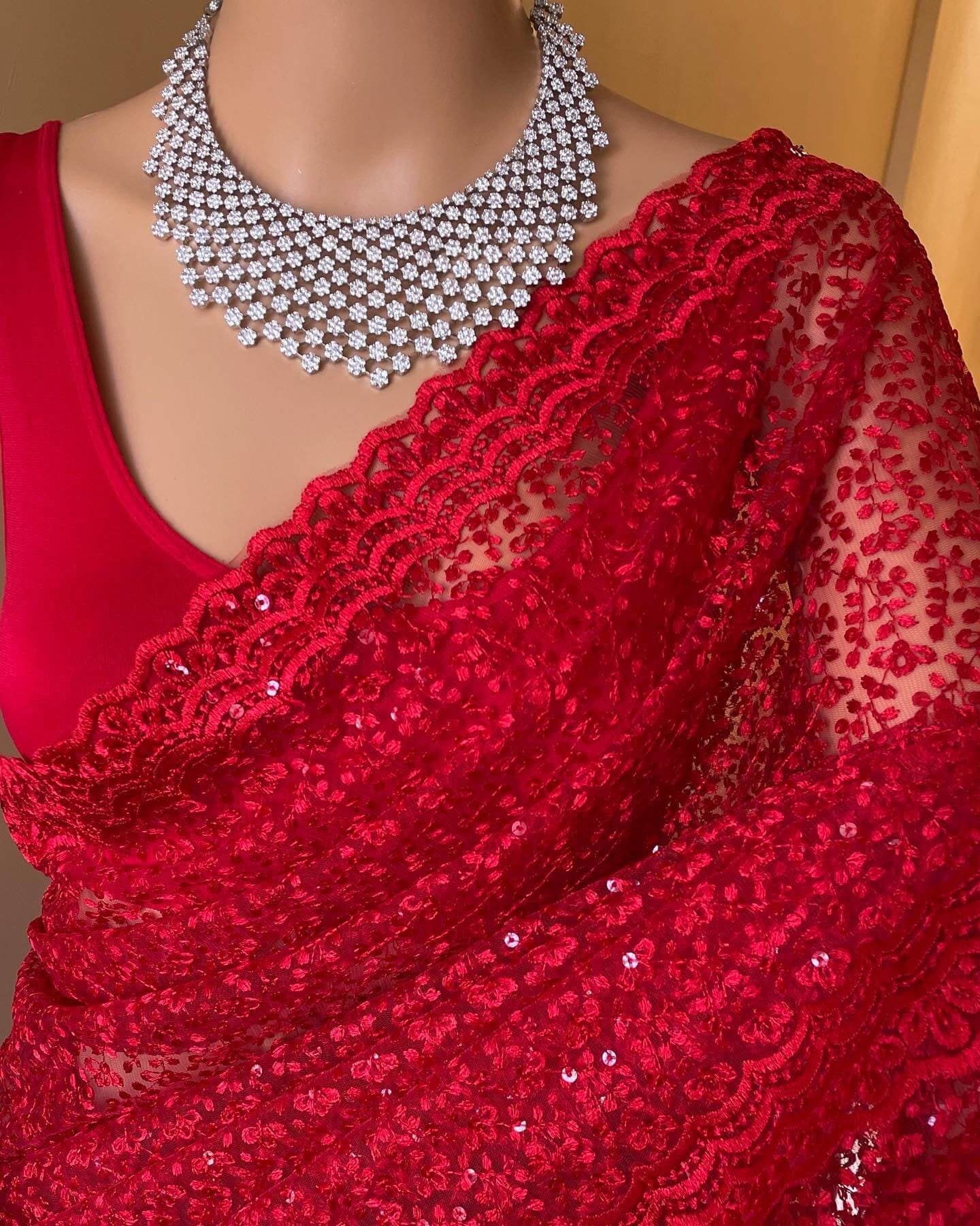 Red Net Saree With Red Embroidery and Sequence All Over Saree South Indian Saree Wedding Saree ...