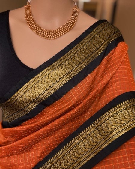 NEW and Exclusive Orange Color Silk Cotton Saree With Checks South ...