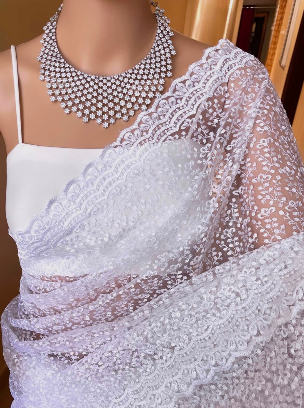 White Net Saree With White Embroidery and Sequence All Over Saree South ...