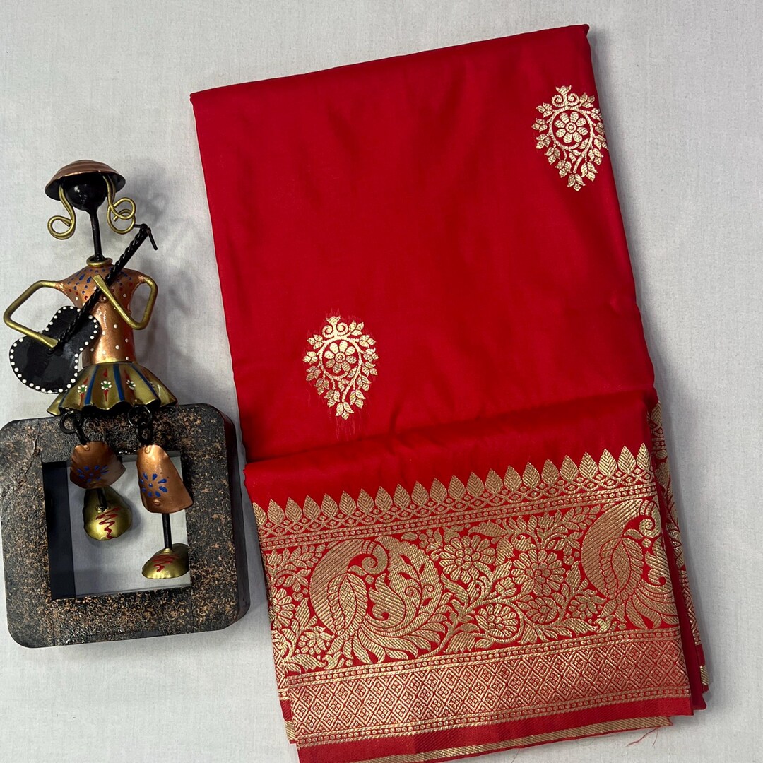 New Arrivals Chili RED Art Silk Saree With Golden Zari Design All Over ...