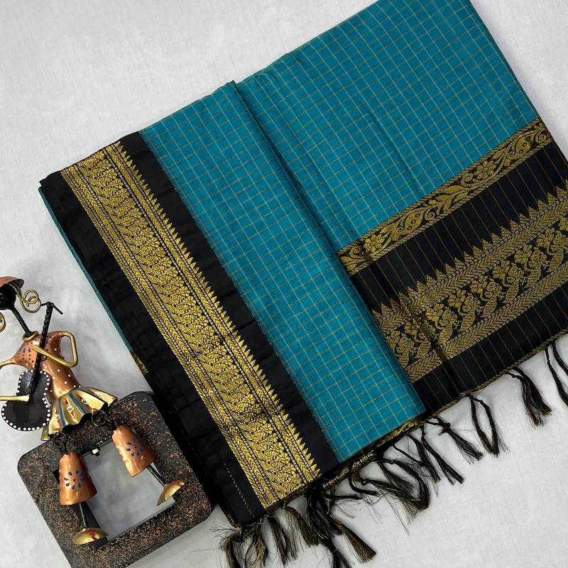Blue Silk Checks Saree - Etsy