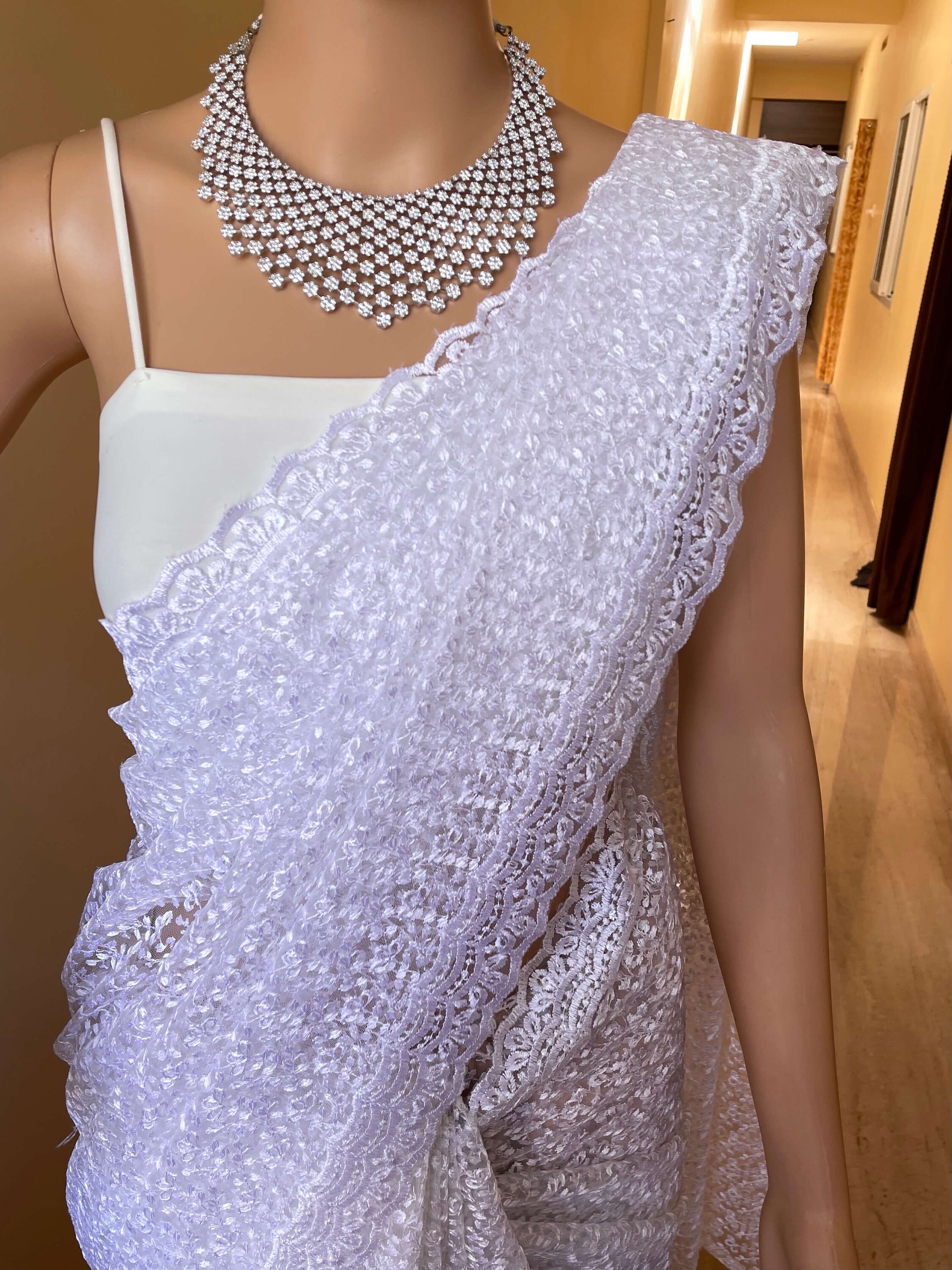 White Net Saree With White Embroidery and Sequence All Over Saree ...