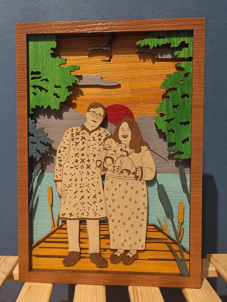 Laser Engraved Family Portrait, Illustrated Family Portrait, Couple ...