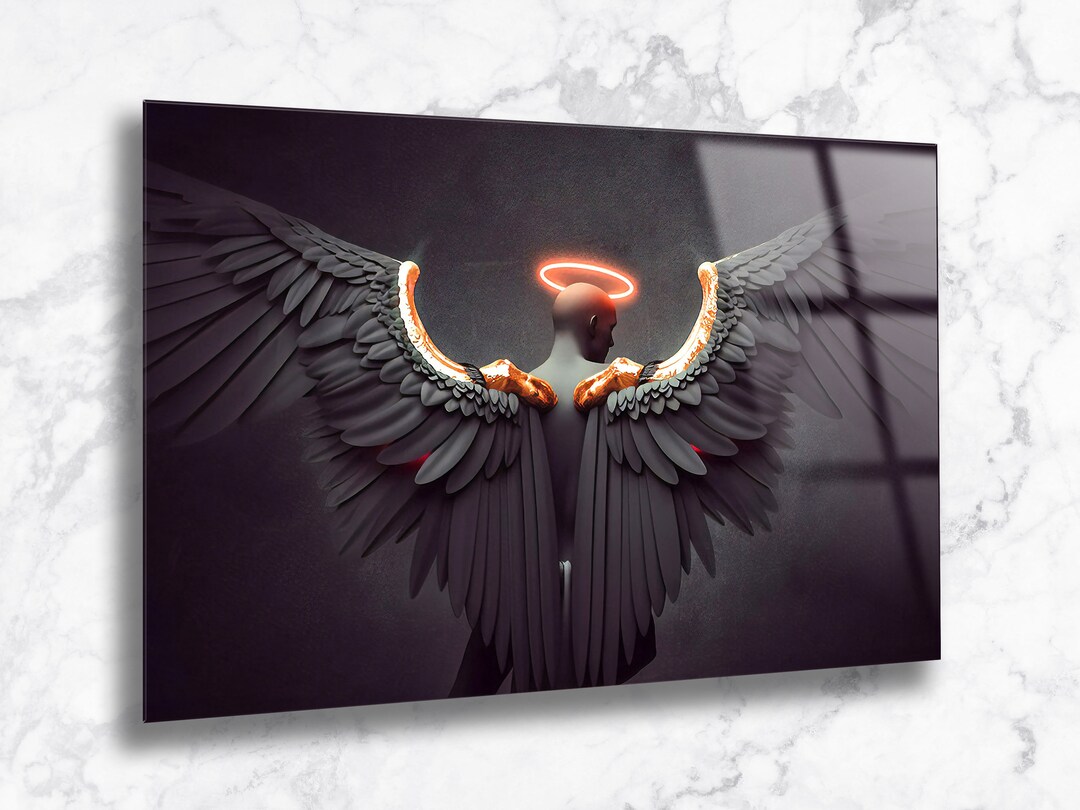 Tempered Glass Wall Art-black Winged Angel Wall Decoration-abstract ...