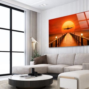 Airplane Into Sunset V2 Glass Wall Art | Aviation Wall Decor - Etsy