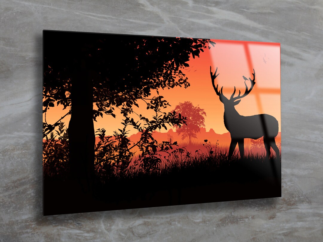 Tempered Glass Wall Art-deer Silhouette in Sunset Wall Decoration ...