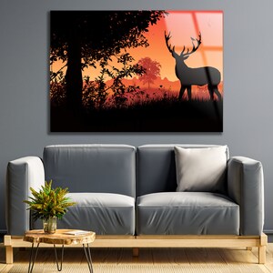 Tempered Glass Wall Art-deer Silhouette in Sunset Wall Decoration ...