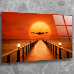 Airplane Into Sunset V2 Glass Wall Art | Aviation Wall Decor - Etsy