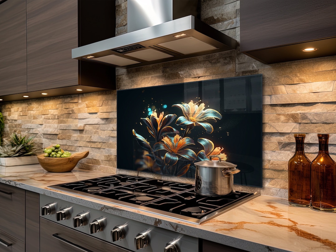 Abstract Glass Stove Backsplash Panel, Stove Back Cover, Flower Kitchen ...
