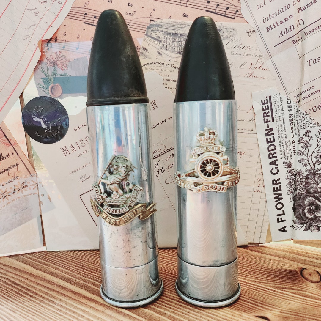Vintage Empty Military Shell Casings With Regiment Pin Embellishments ...
