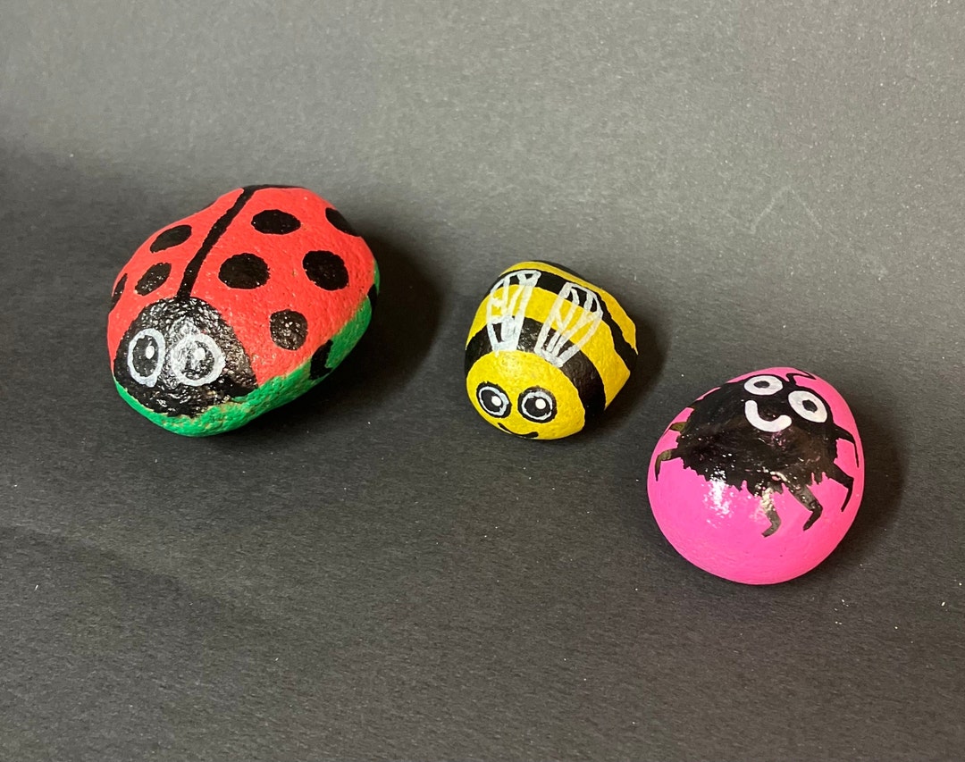 3 Painted Insect Rocks Ladybird Ladybug Bee Spider Pebble Bug Garden ...