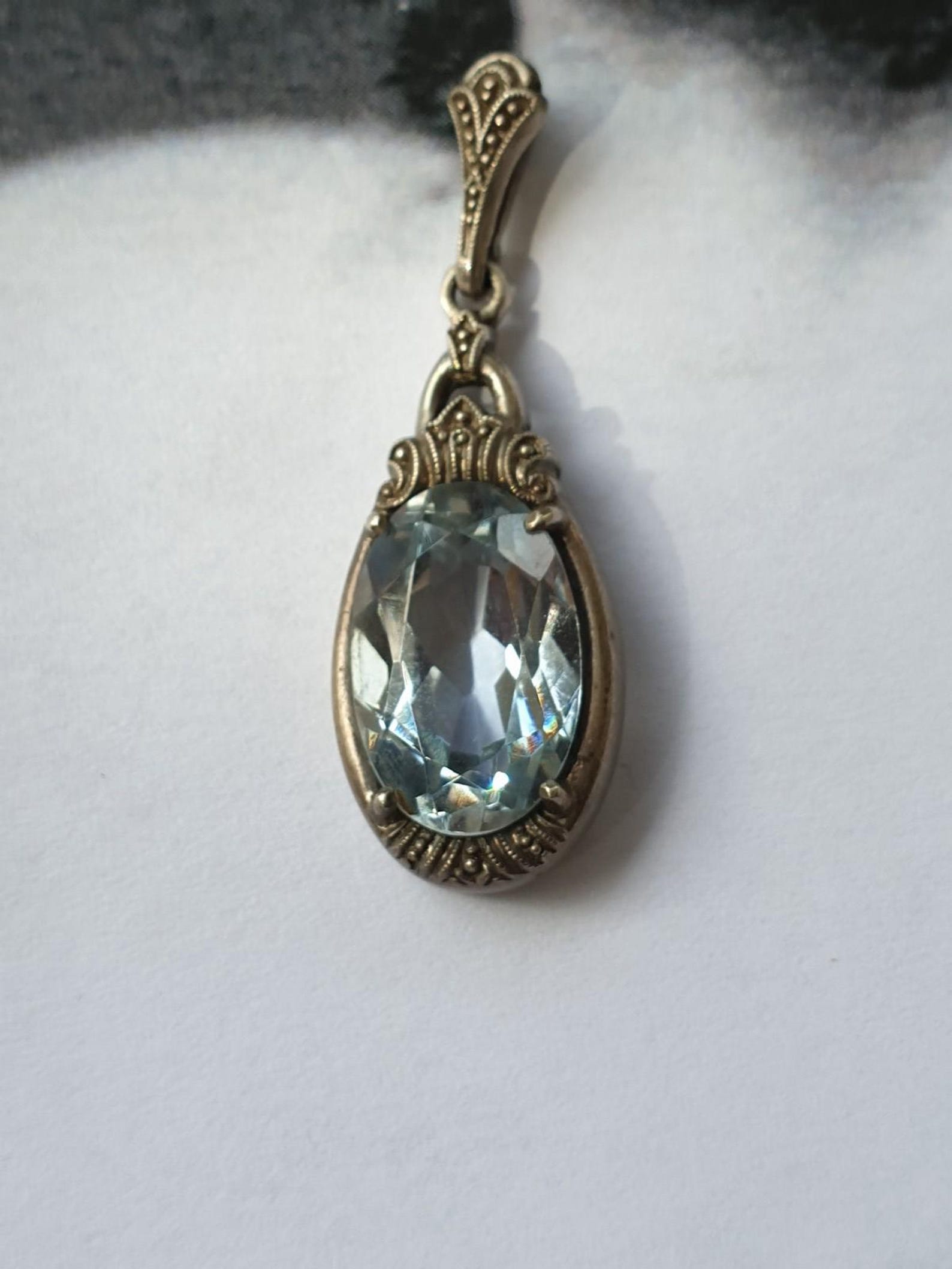 Art Deco Aquamarine Silver Pendant Etsy